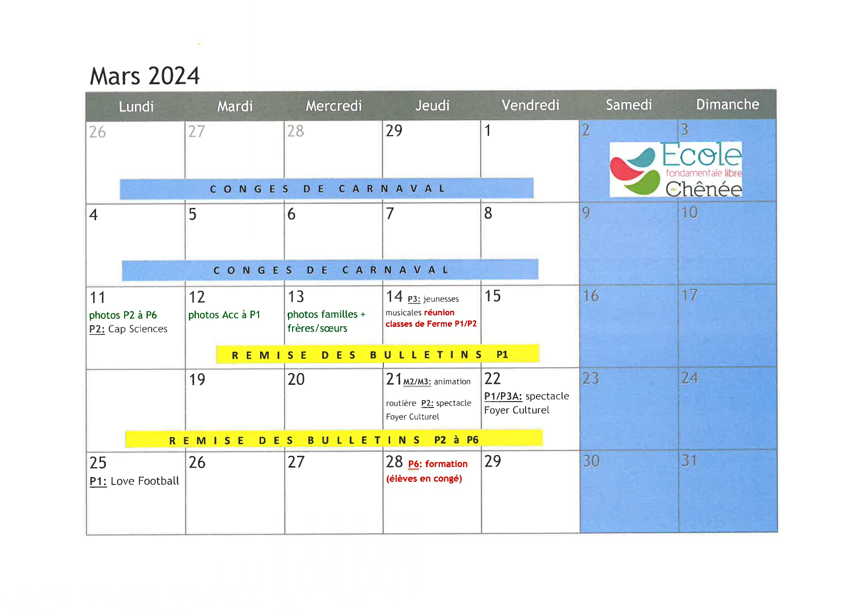 calendrier mars 2024 | Ecole Fondamentale Libre de Chênée